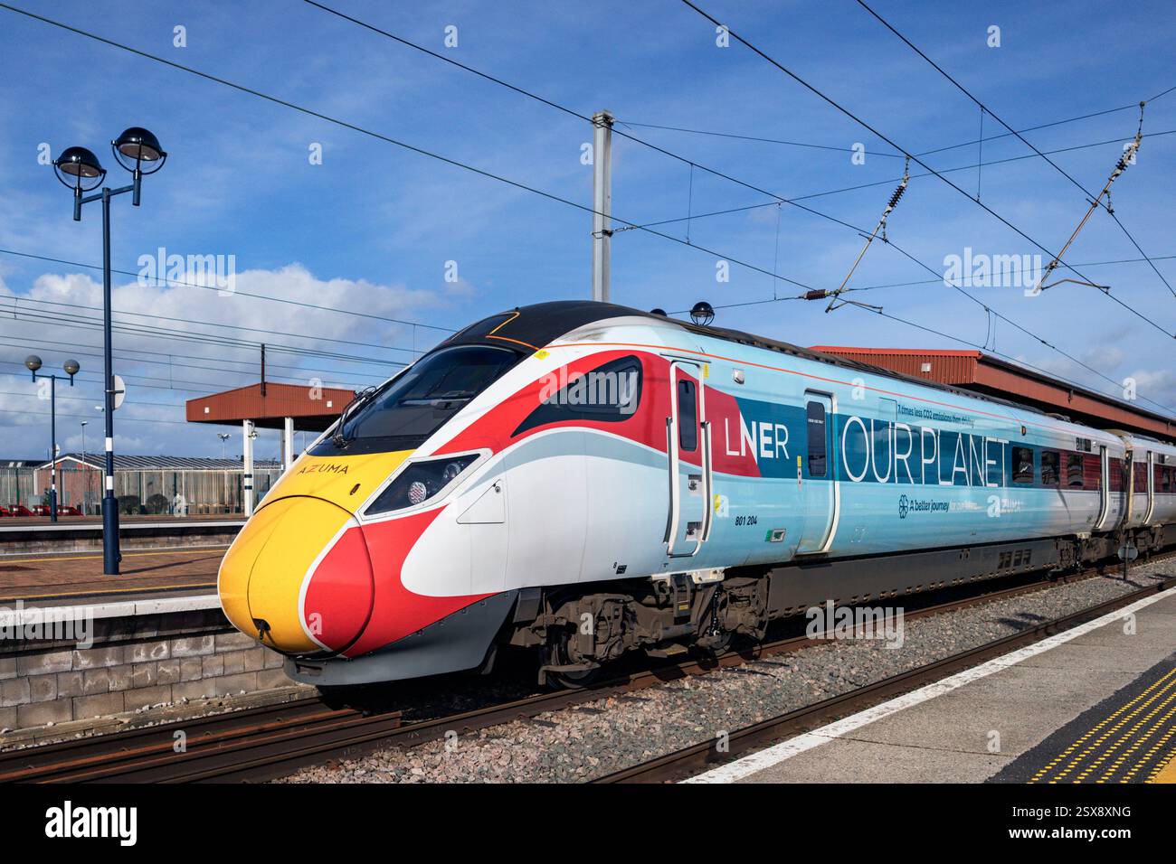 Azuma 801204 with 'Our Planet' branding at platform 7 at York railway ...