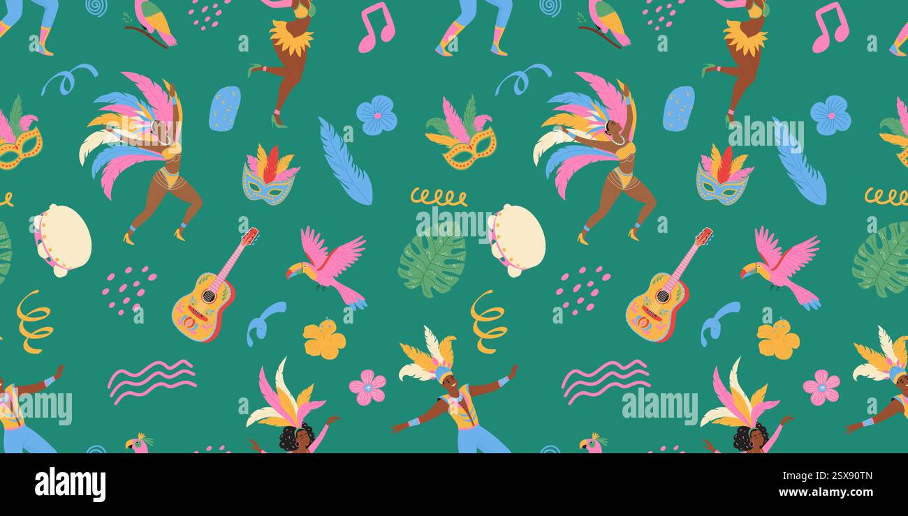 Brazilian carnival seamless pattern. Masks, tropical bird, dancing people, guitar, doodle ...