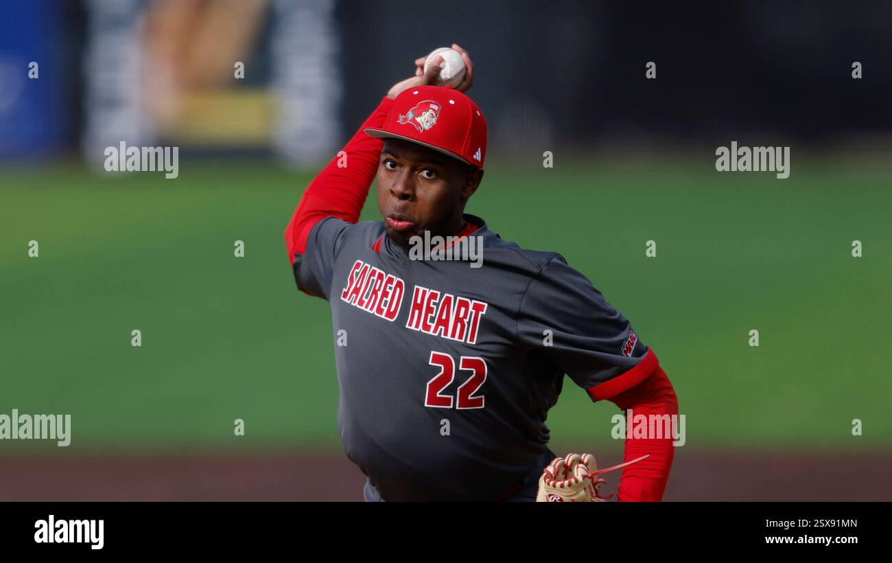Sacred Heart pitcher Elijah Foster (22) throws to a Georgetown batter ...