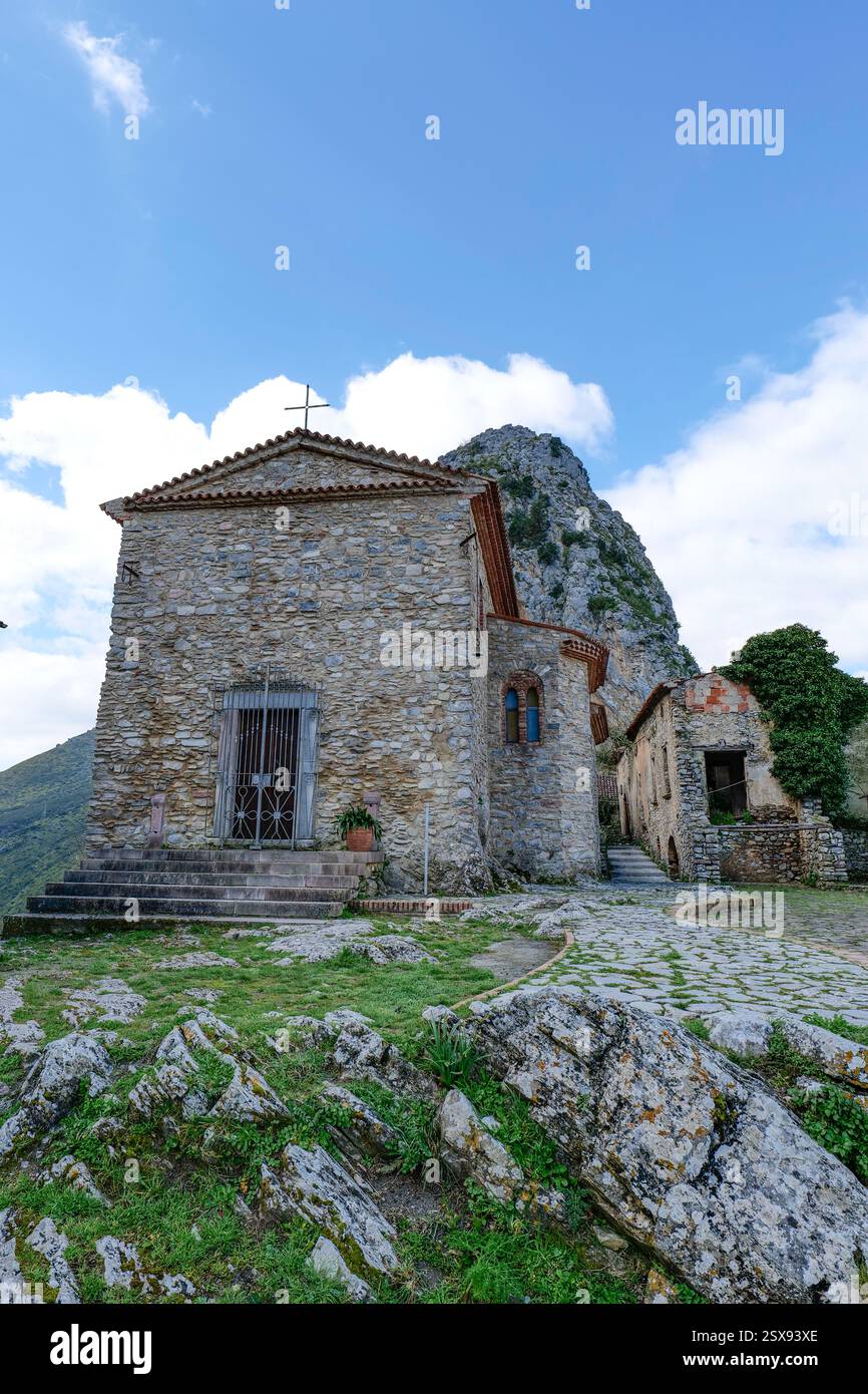An old church in the abandoned village of San Severino di Centola ...