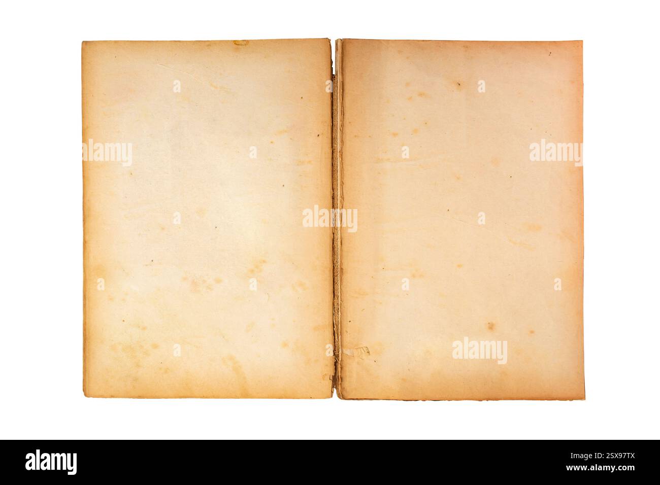 Empty yellowed pages in a opened vintage book, isolated on white ...