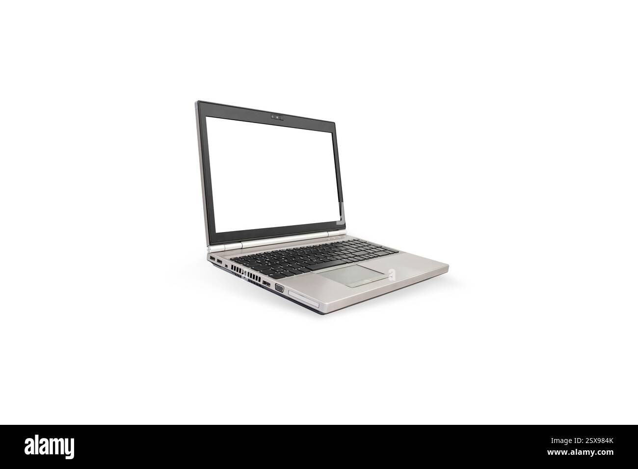 Generic opened laptop , with white screen, side view, isolated on white ...