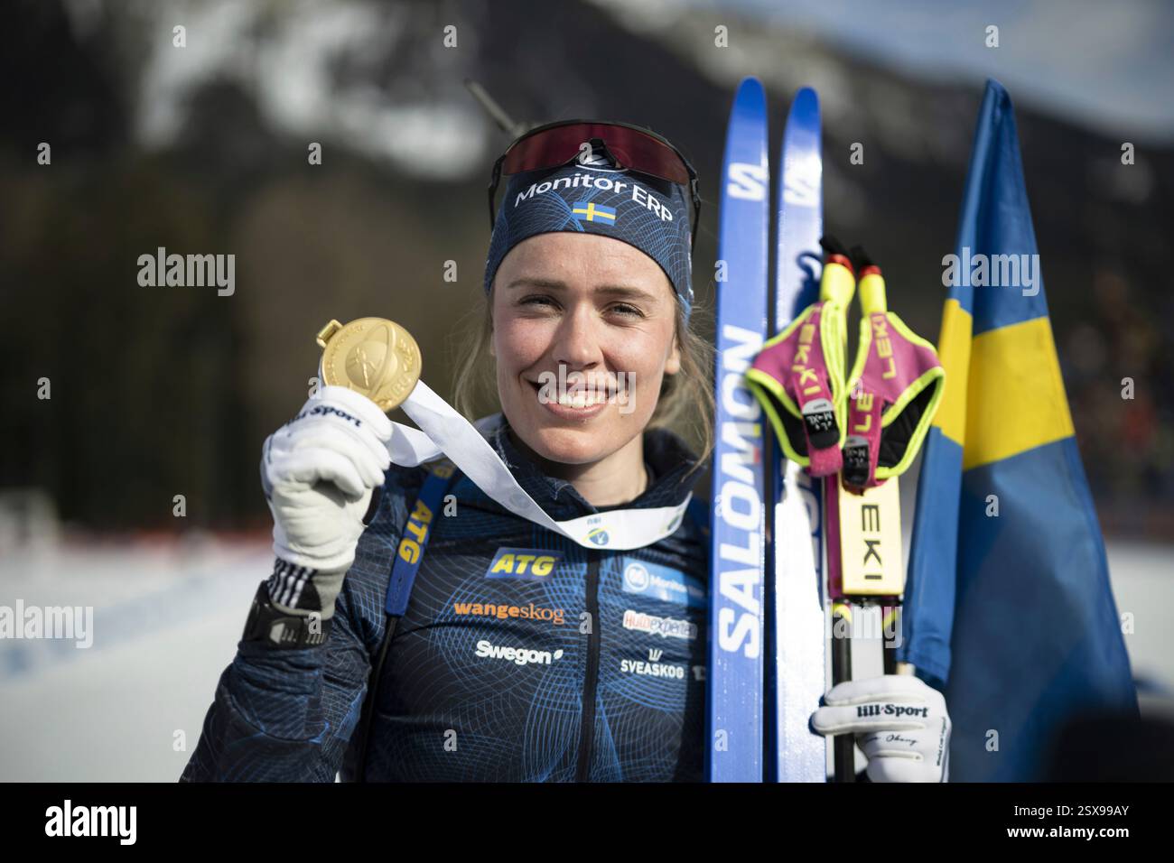Gold medalist Elvira Oeberg of Sweden poses with her medal, after the ...