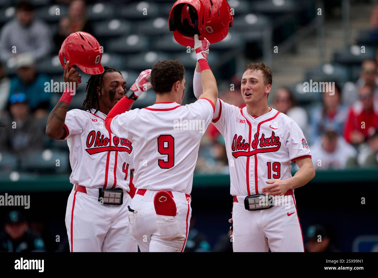 Ohio State Buckeyes Matthew Graveline (9) celebrates a home run with ...