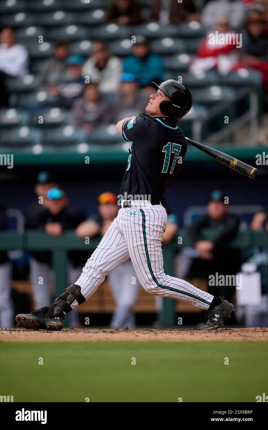 Coastal Carolina Chanticleers Caden Bodine (17) hits a single during an ...