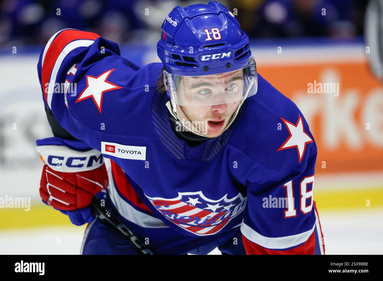 February 22nd 2025: Rochester Americans forward Isak Rosen (18) skates ...