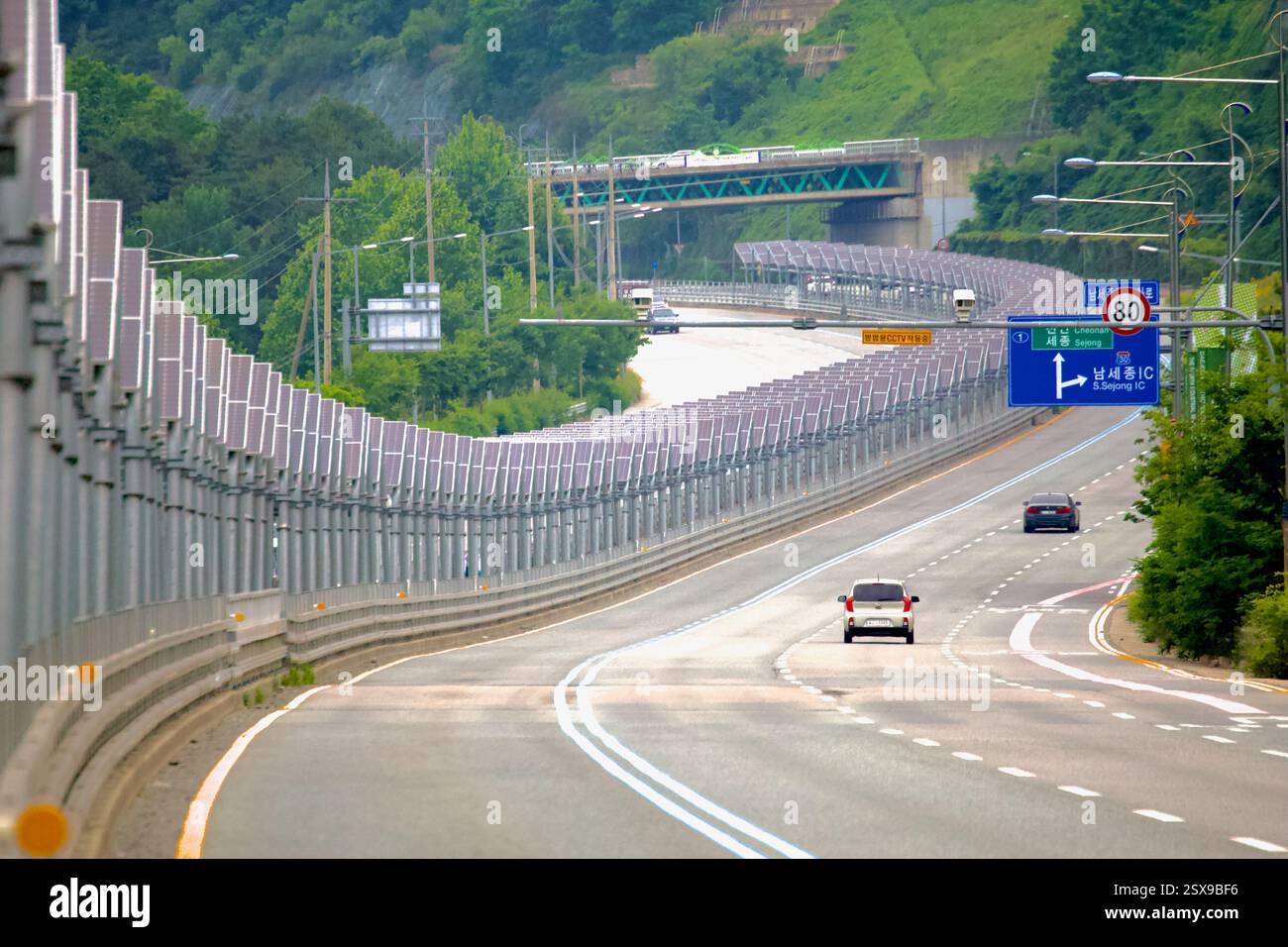 Daejeon, South Korea - May 28th, 2021: A highway with a parallel solar ...
