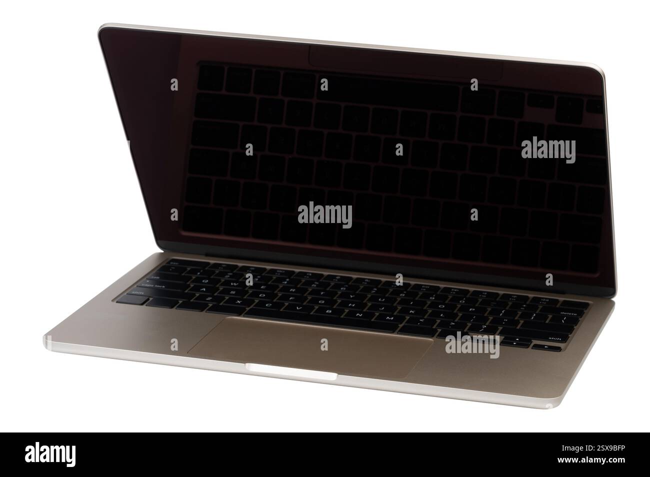 Half open small metallic laptop isolated on white studio background ...