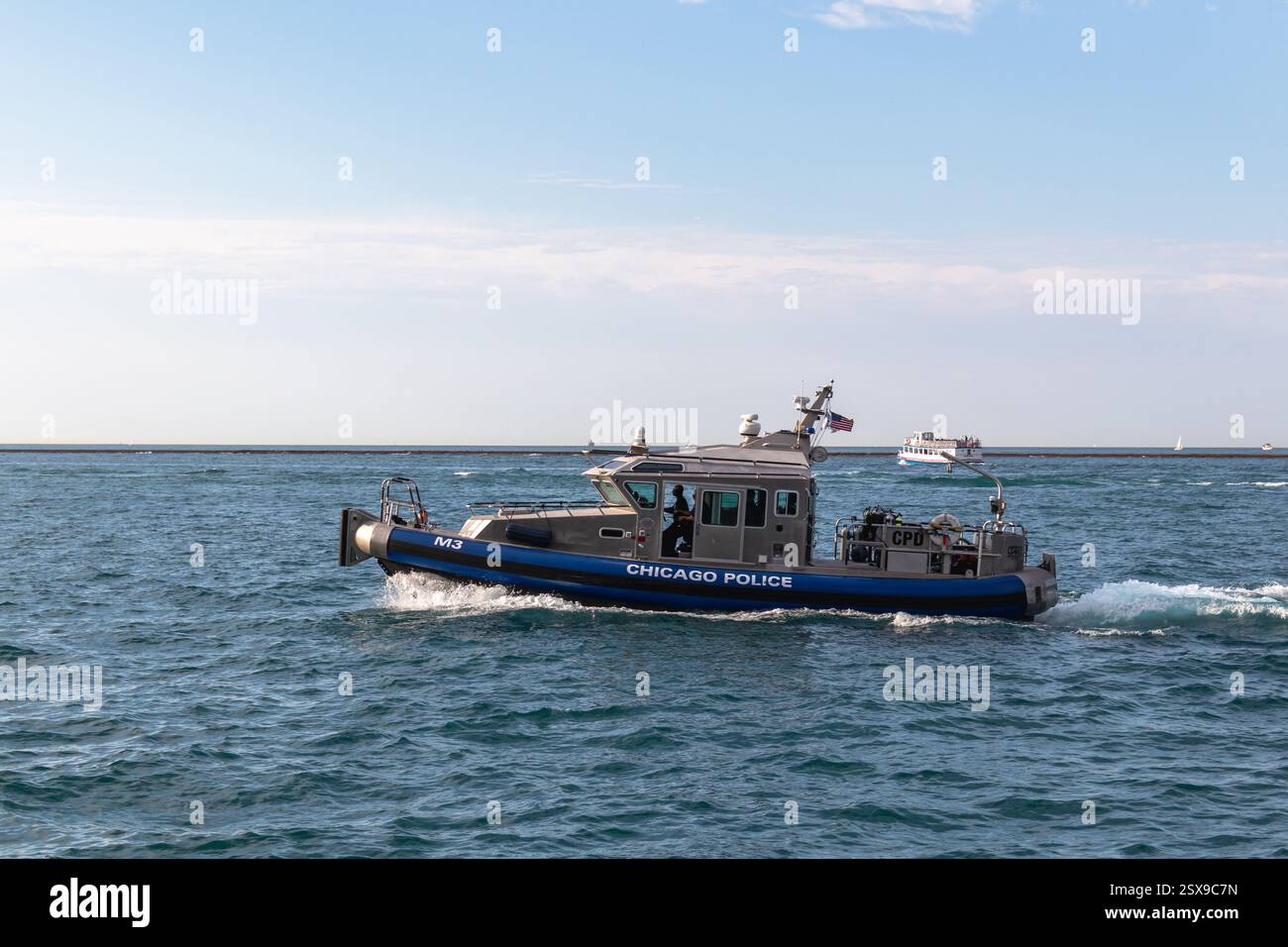 Chicago Police Department boat on Lake Michigan by Navy Pier. Chicago ...