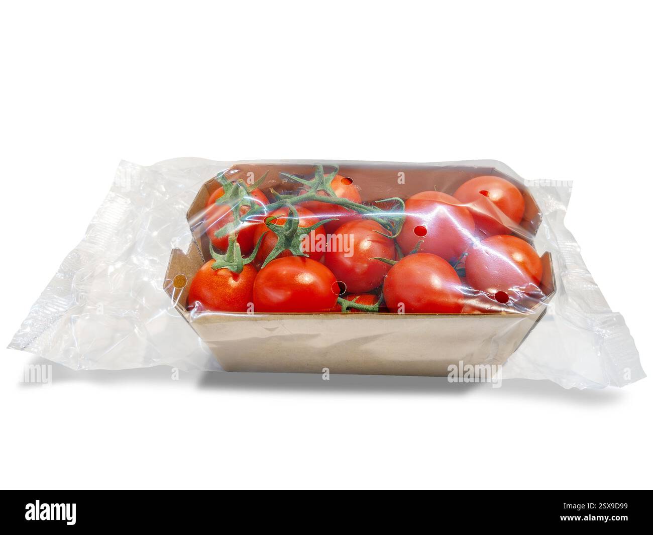 Tomatoes in cardboard tray packed in clear plastic bag isolated on ...