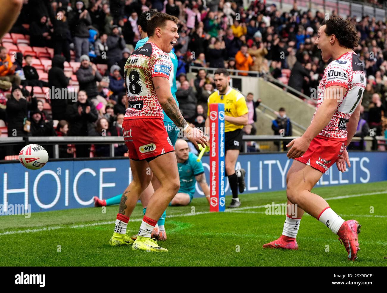 Leigh Leopards' Keanan Brand celebrates scoring their side's first try ...