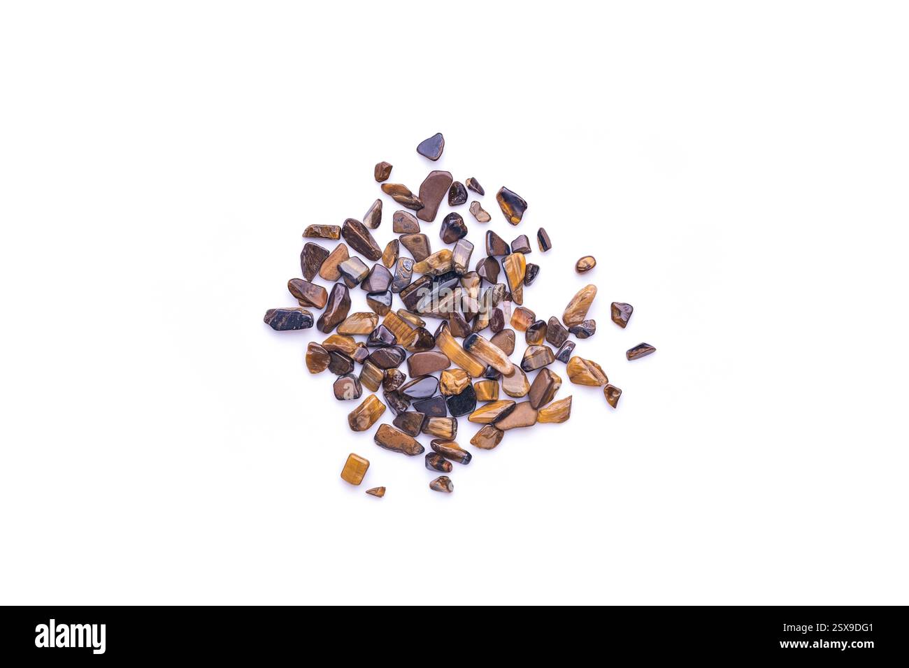 gravel chips Polished tiger eye stacks top view isolated on white ...