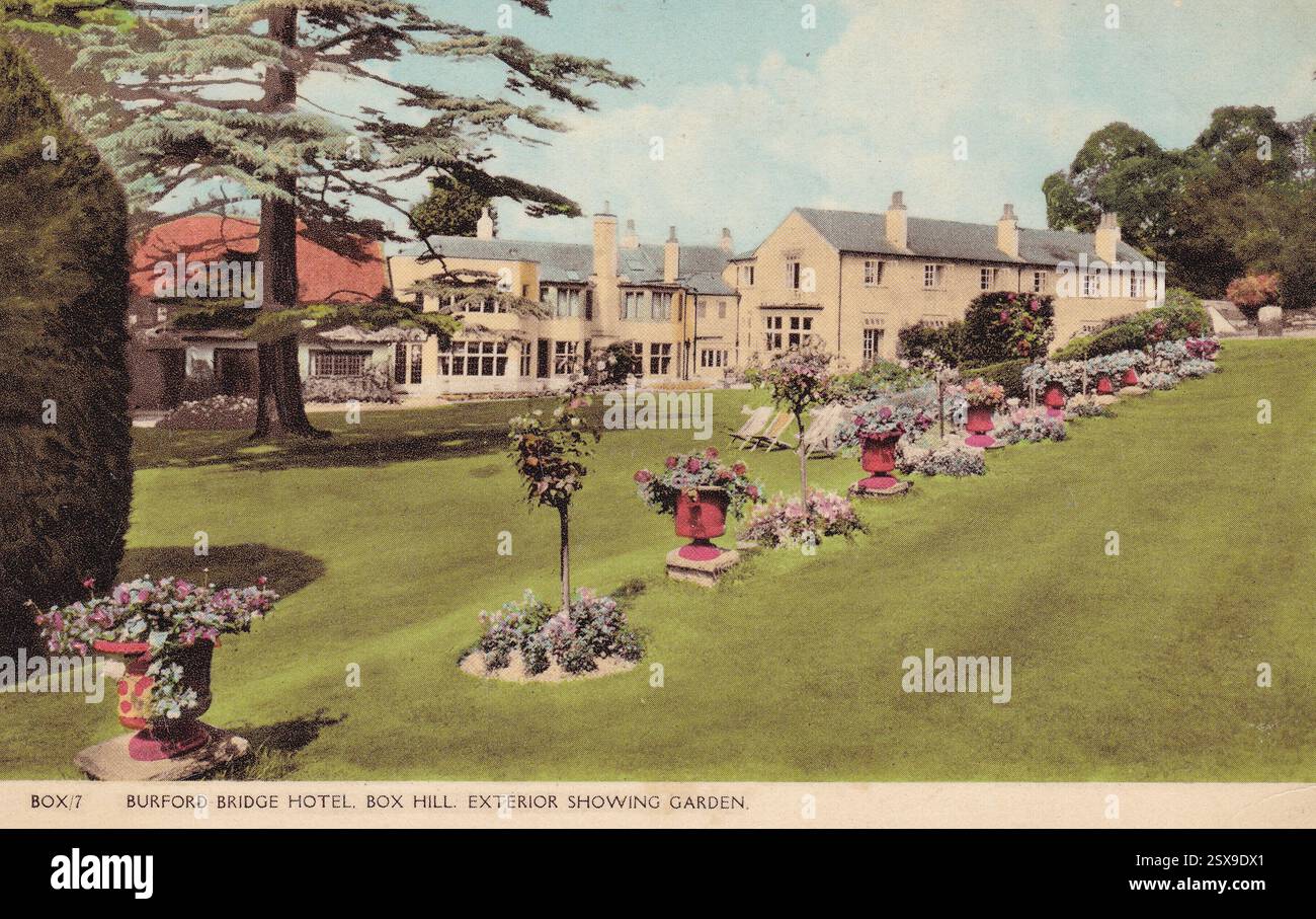 Vintage postcard of Burford Bridge Hotel, Box Hill, Surrey Stock Photo ...