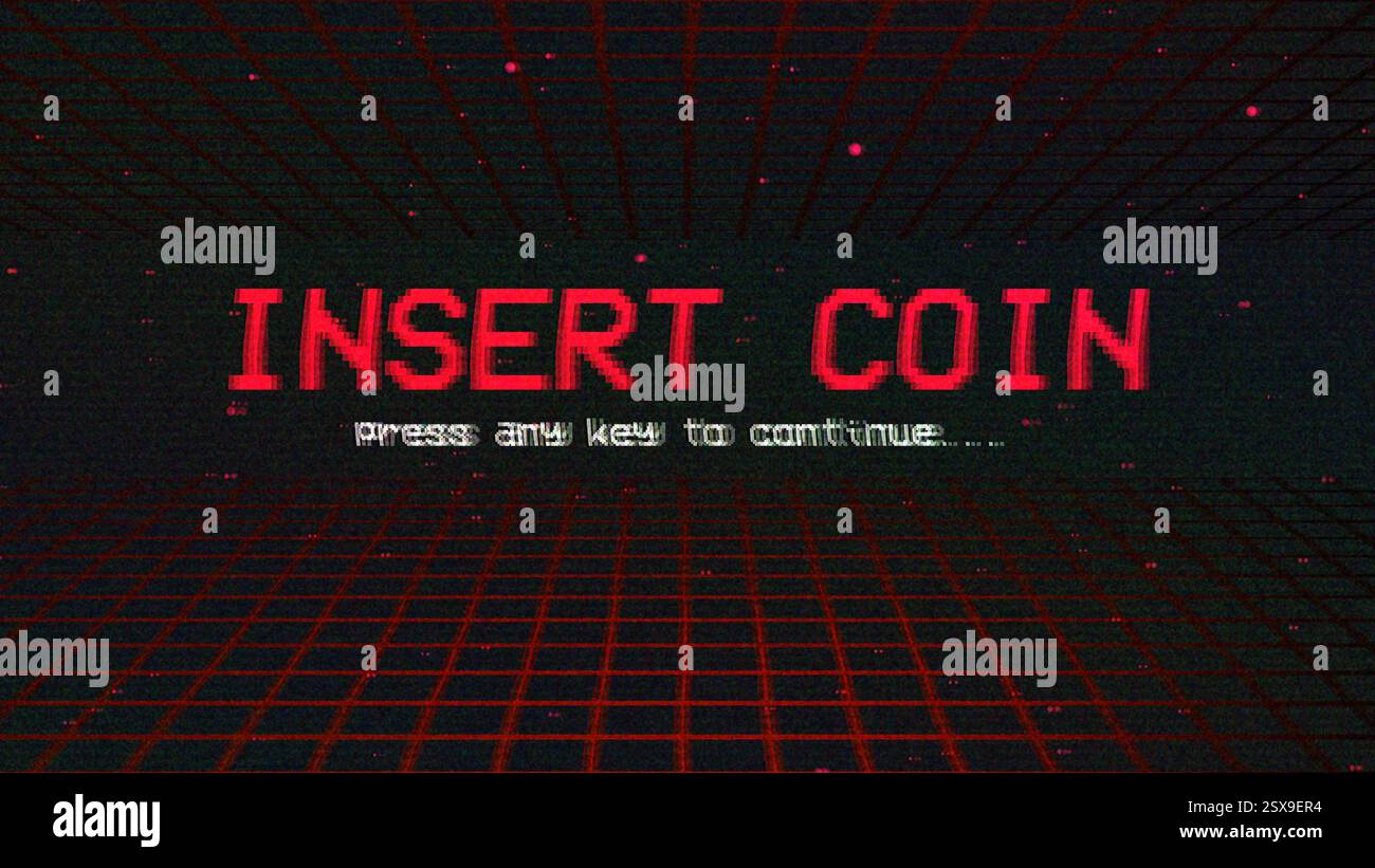 Insert Coin, vintage arcade game screen with glitch effect, computer ...