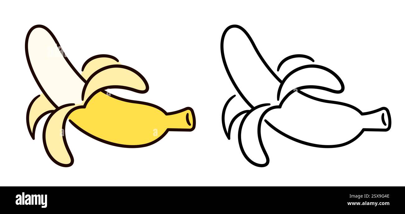 Peeled banana, hand drawn doodle icon. Black and white and color sign. Simple drawing, vector ...
