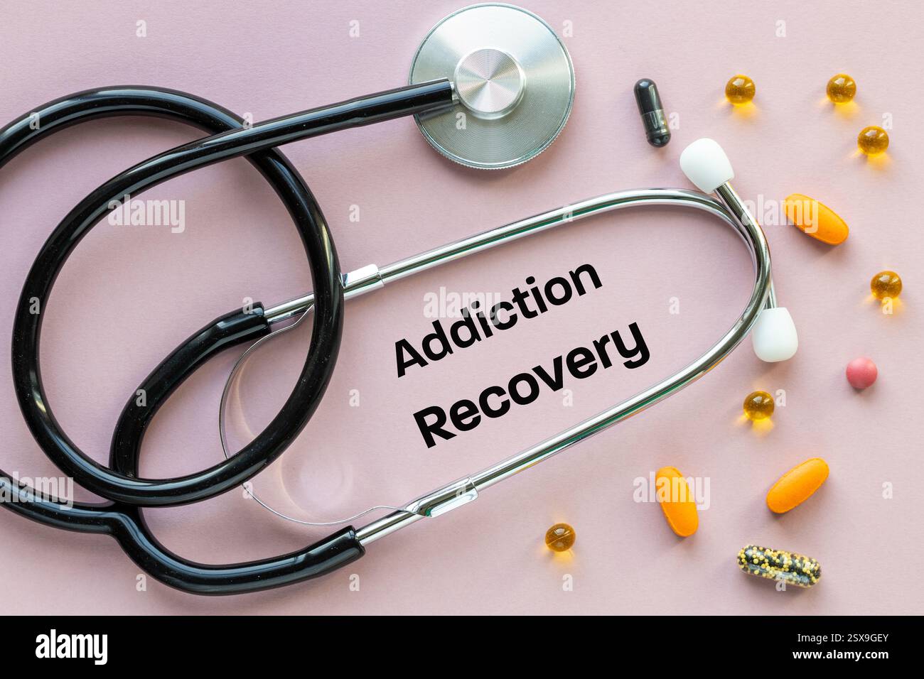 Addiction Recovery Words Along With Medical Stethoscope And Lozenges ...