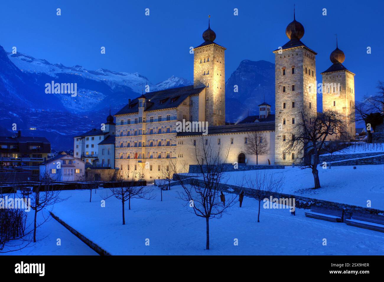 Winter night scene (HDR) of Stockalper Palace in Brig, Switzerland. The ...