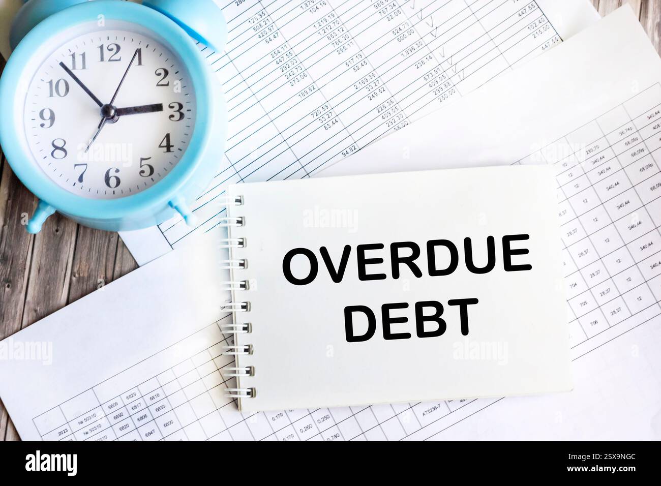 The text about the overdue debt on the notebook next to the financial ...