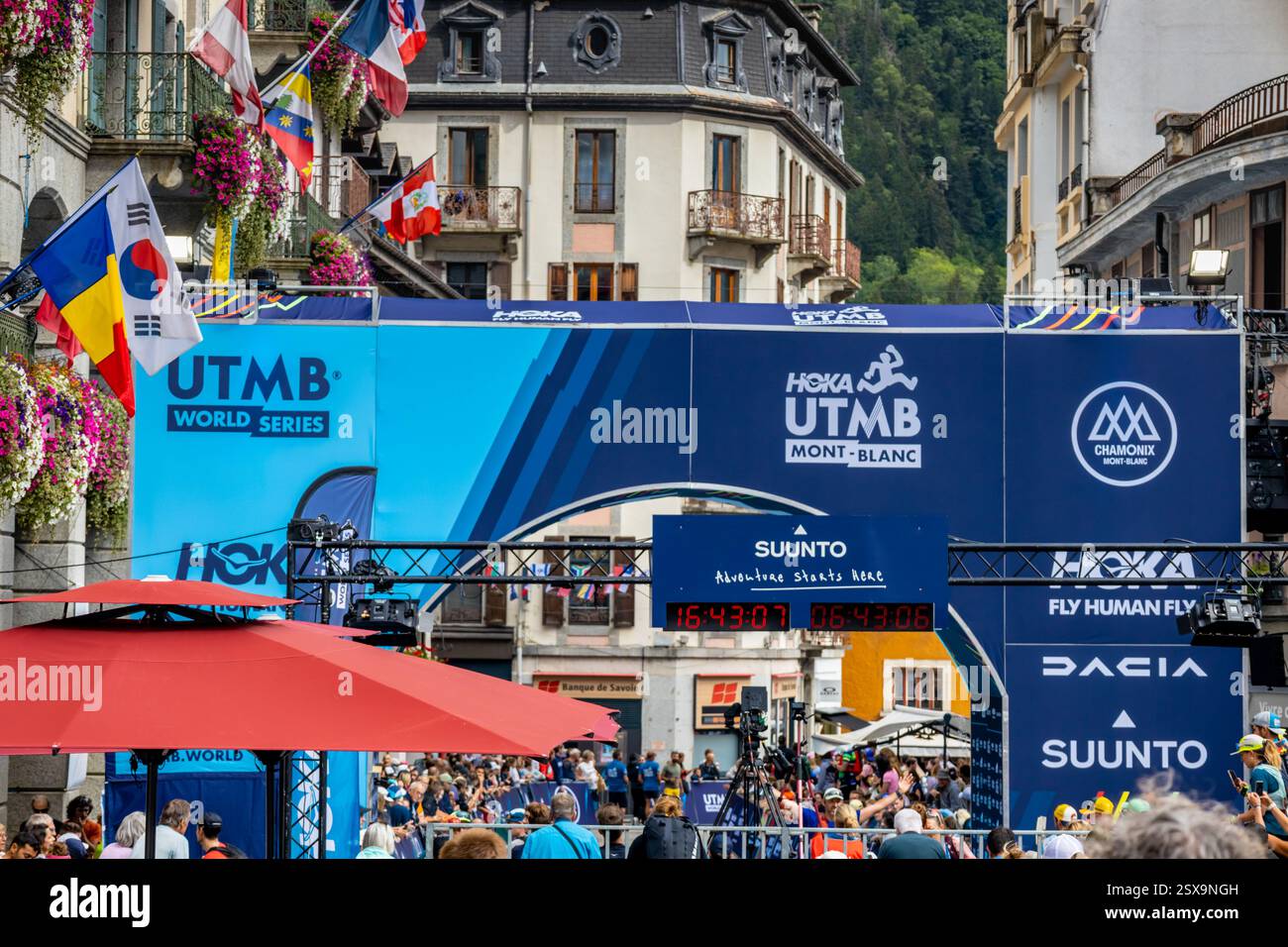 UTMB trail running competition finish line. Ultra trail du Mont Blanc ...