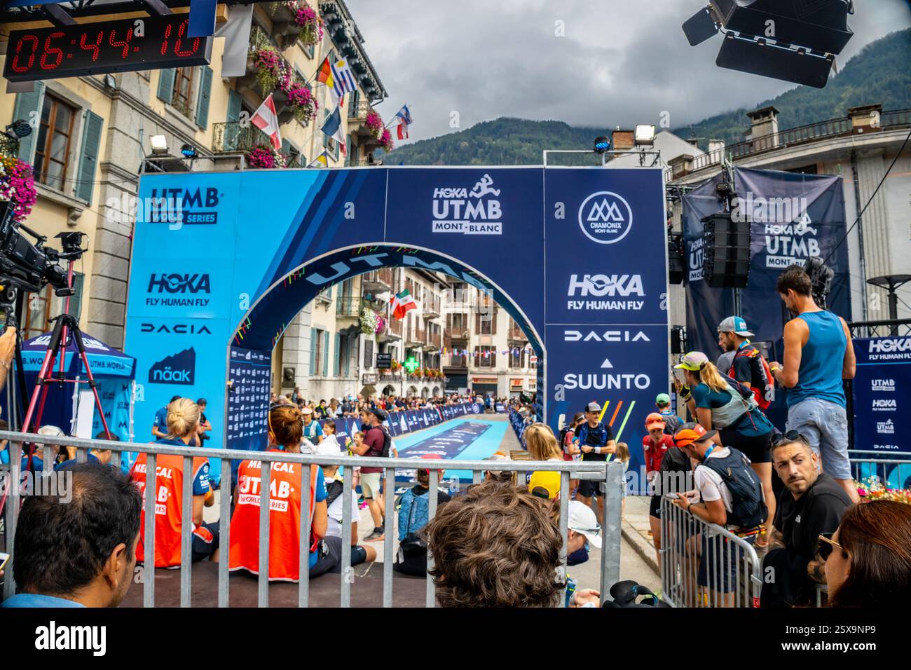 UTMB trail running competition finish line. Ultra trail du Mont Blanc ...