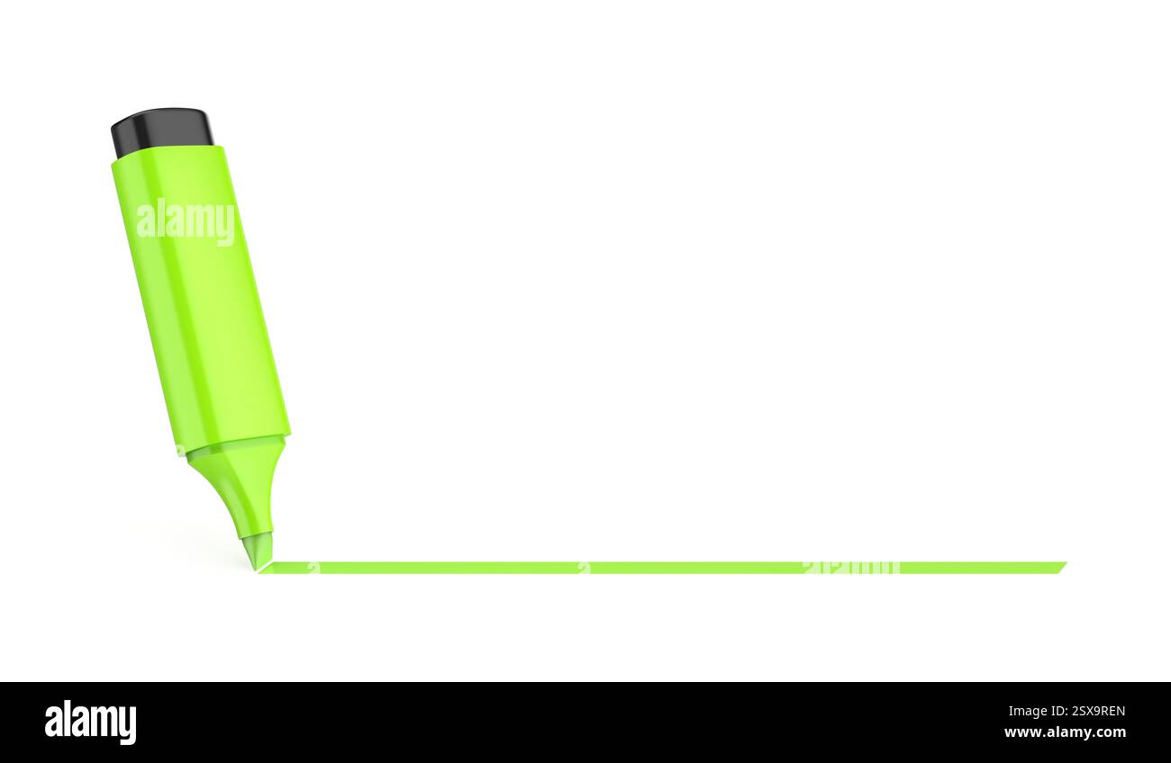 Drawing a straight line with a green highlighter on a white background ...