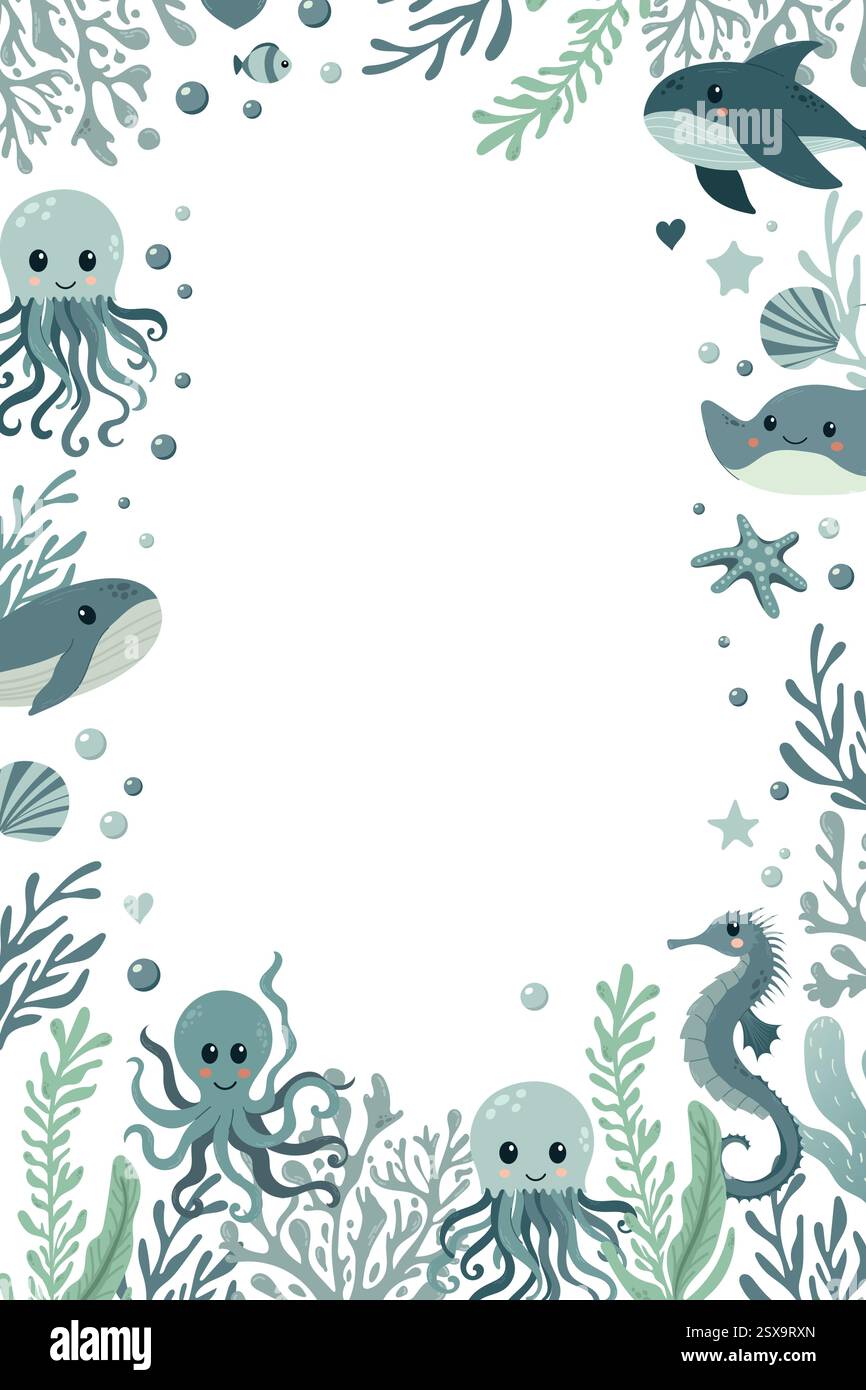 Vector rectangle frame with marine animals and boats in flat design ...