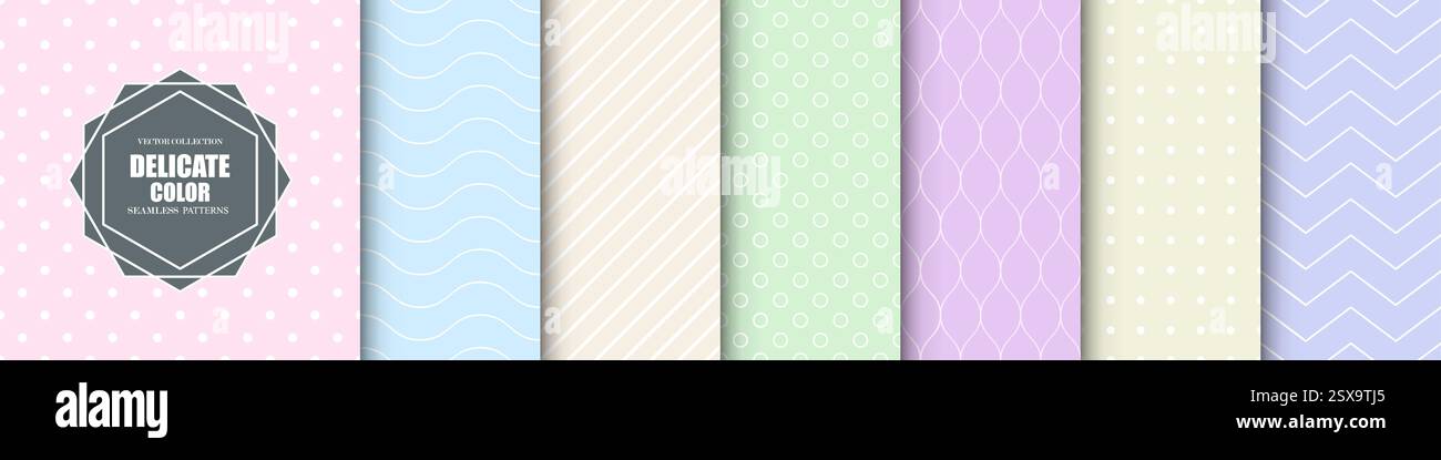 Collection of color delicate geometric seamless patterns. Simple cute ...