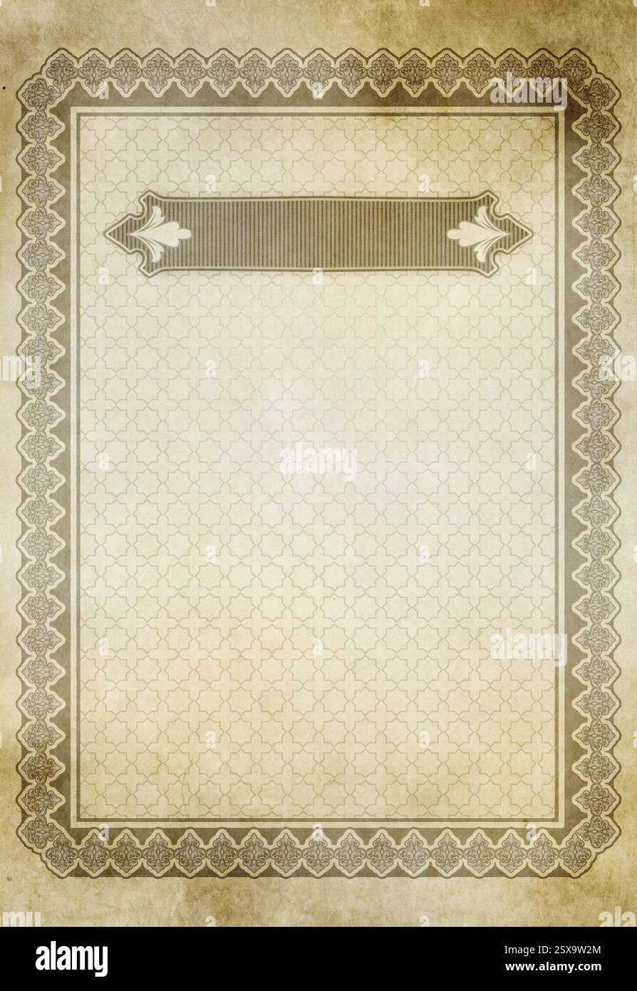 Faded condition old paper background with decorative ornamental border ...