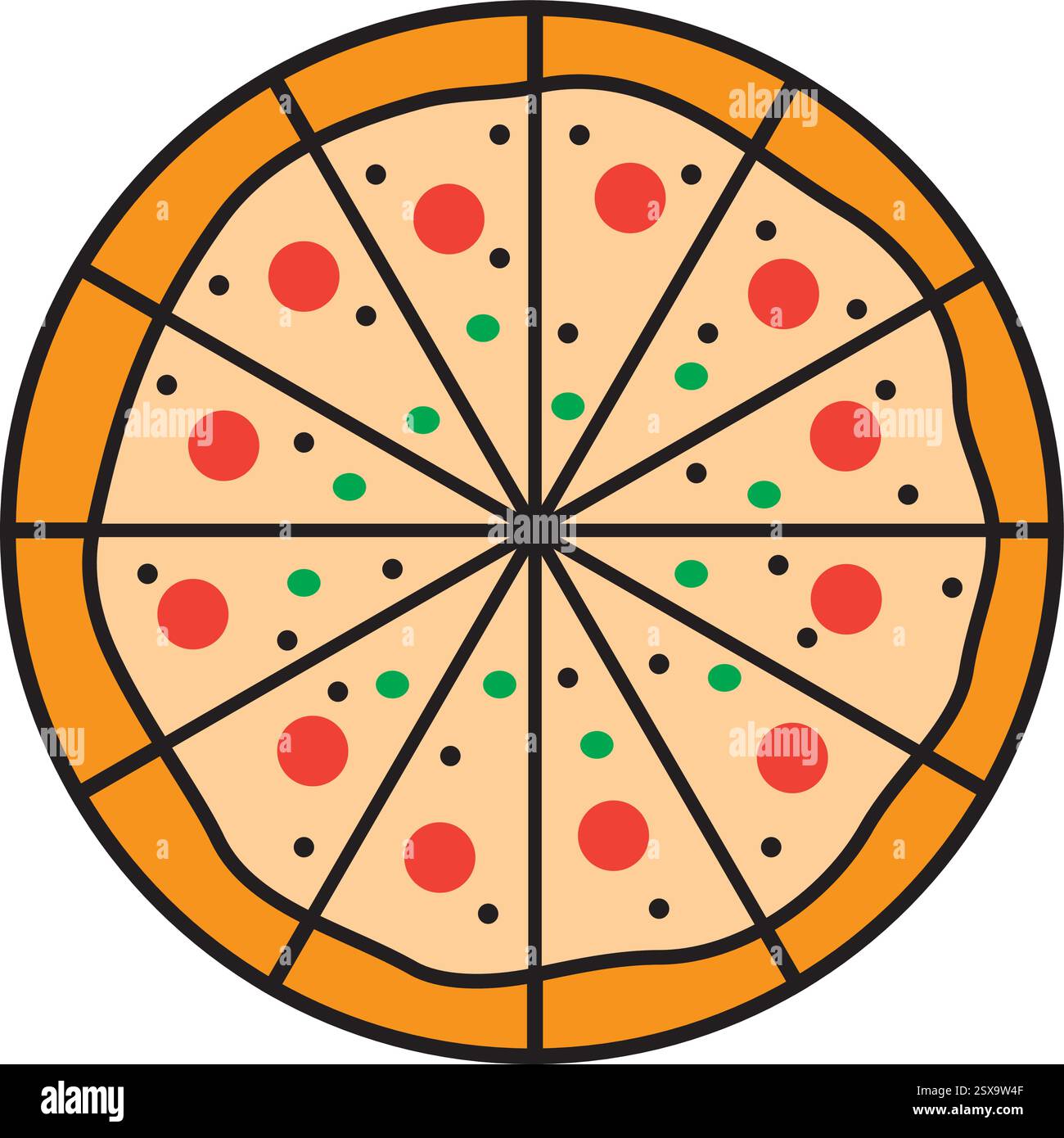 Vector illustration of a whole pizza with toppings. Flat design, simple and colorful food icon ...