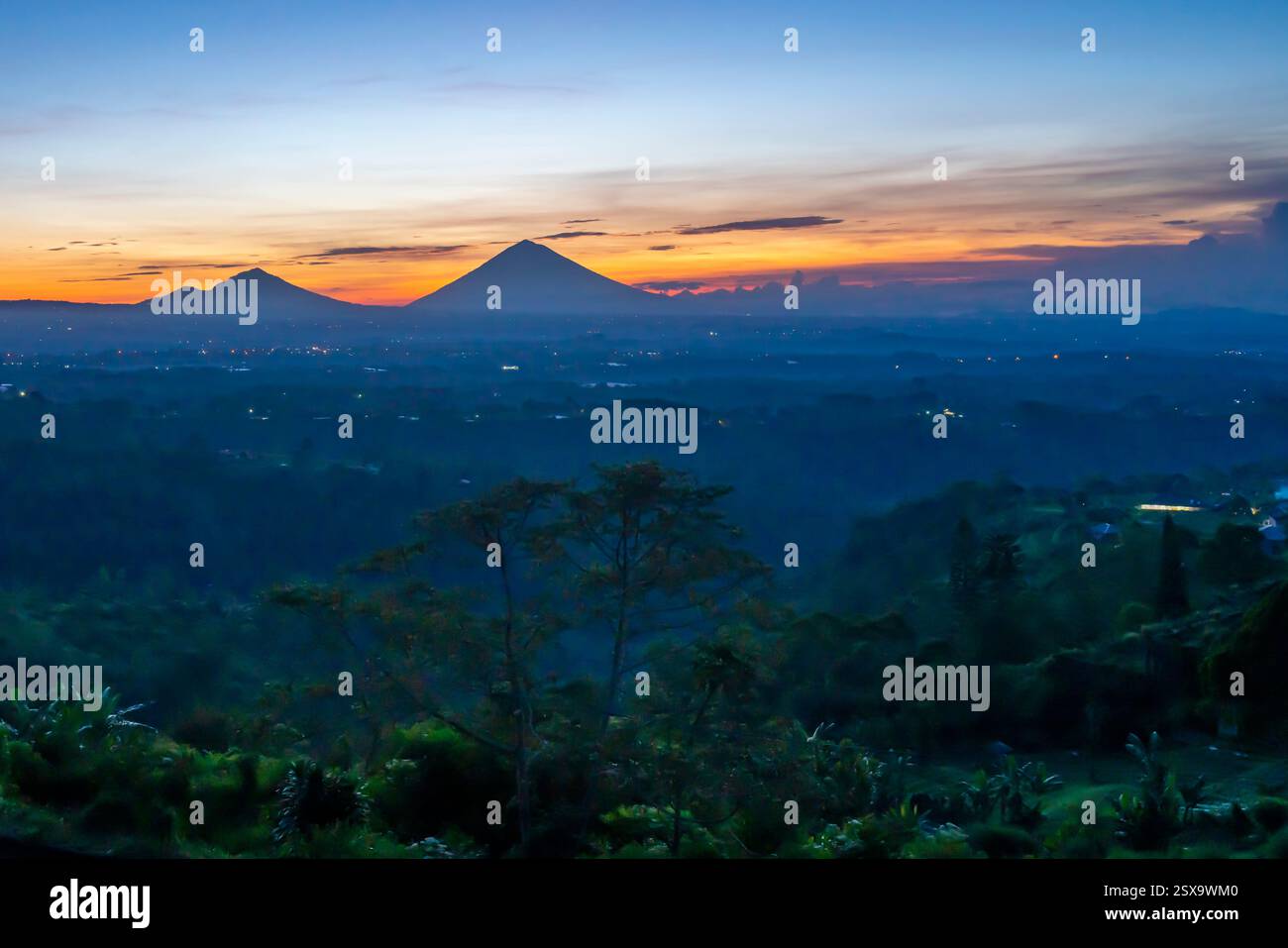 View of Mount Batur and Mount Agung at sunrise, Bali, Indonesia, South ...