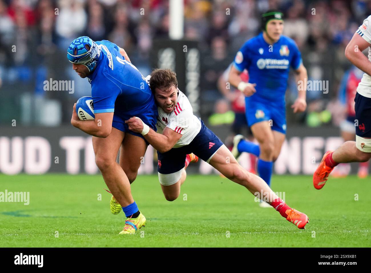 Rome, Italy. 23rd Feb, 2025. Gianmarco Lucchesi of Italy and Antoine Dupont of France during the ...