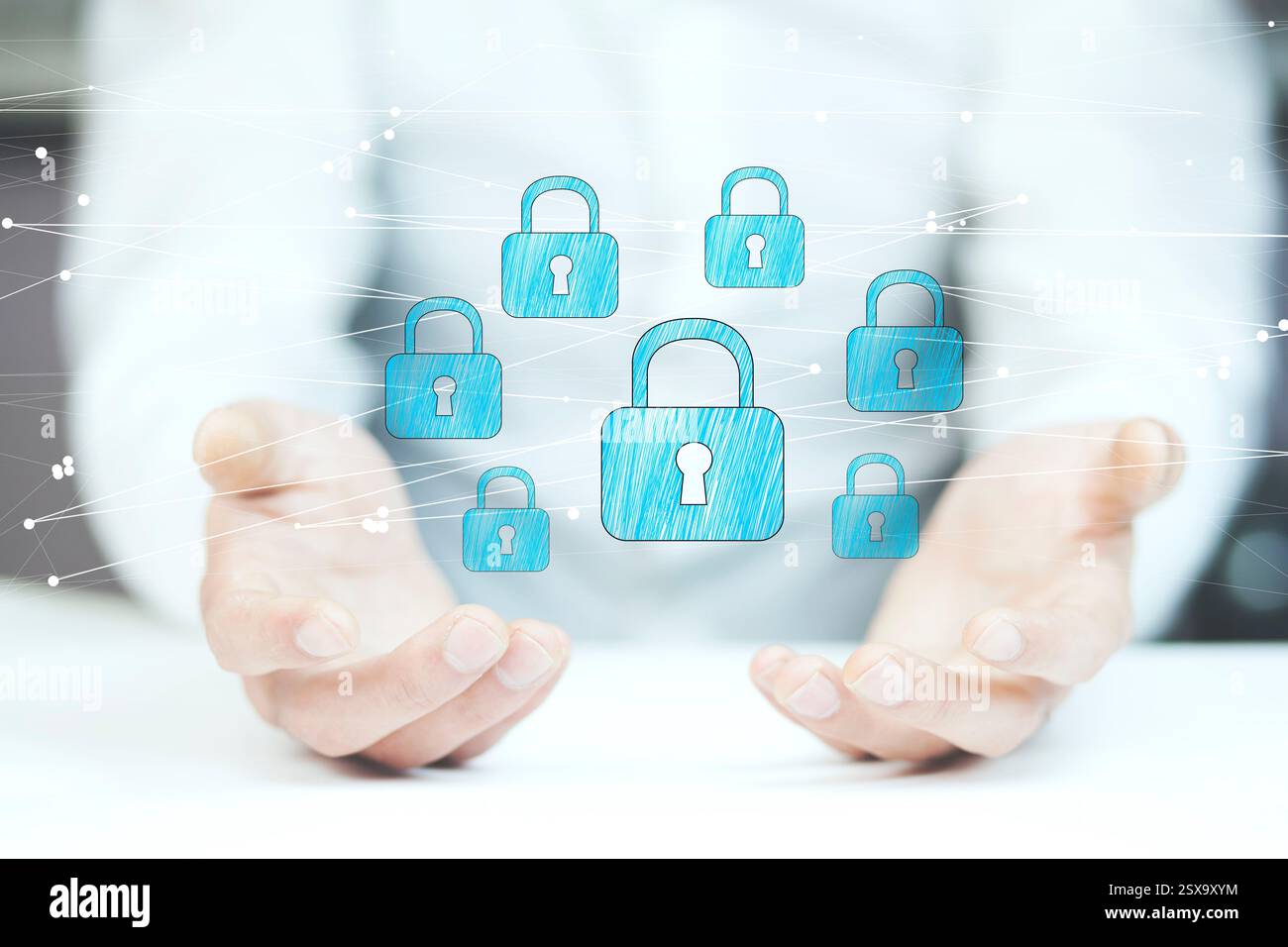 businessman hand locks in screen on white background Stock Photo - Alamy