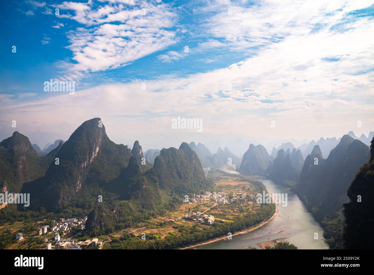 Aerial panoramic view to Li river valley in Guilin, China. Karst hills ...