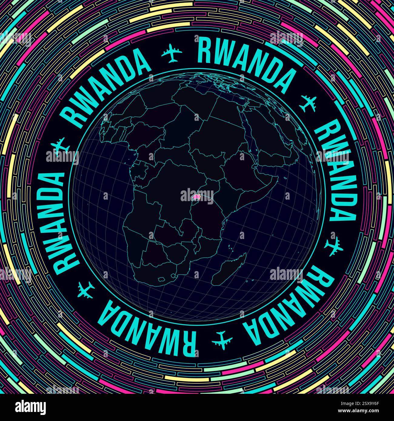 Rwanda on globe. Satellite view of the world centered to Rwanda. Bright ...
