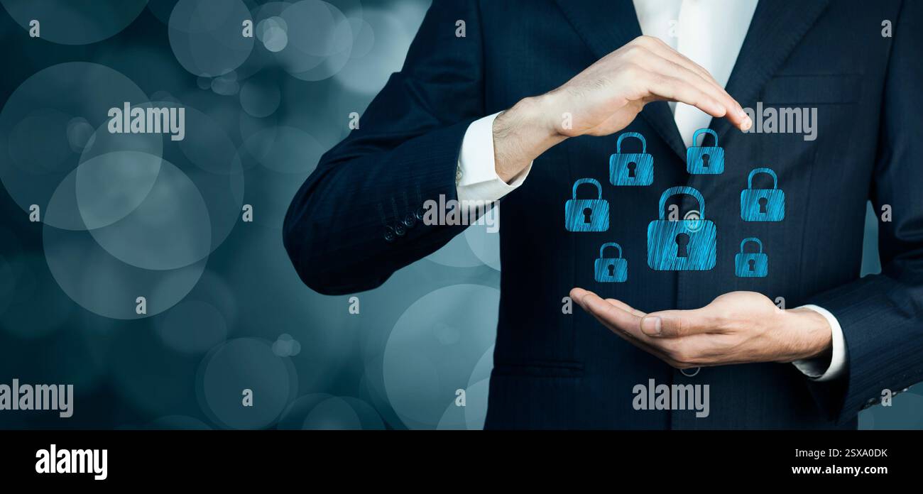 businessman hand locks in screen on white background Stock Photo - Alamy