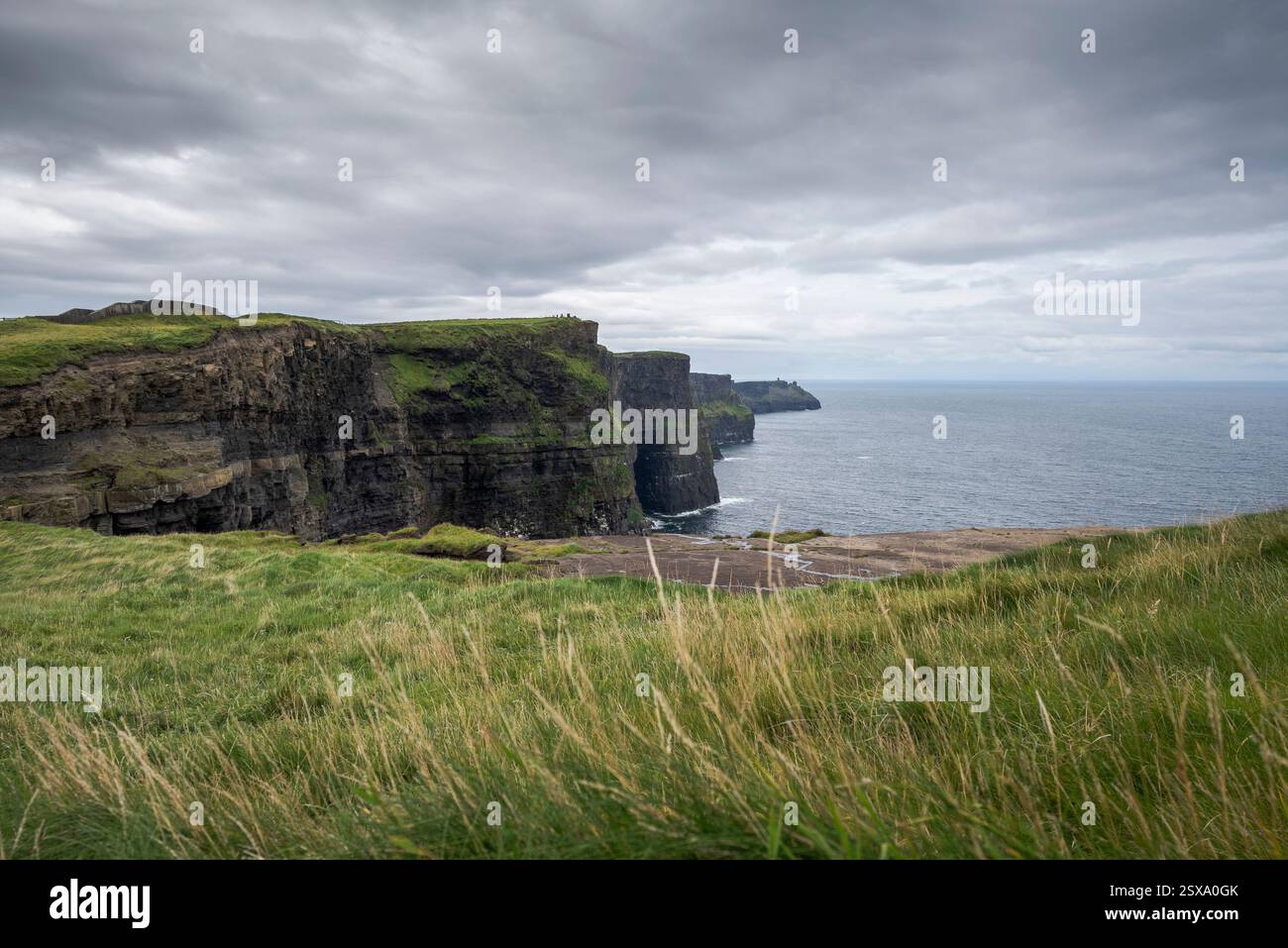 The Cliffs of Moher on Ireland’s west coast, with green grass leading ...