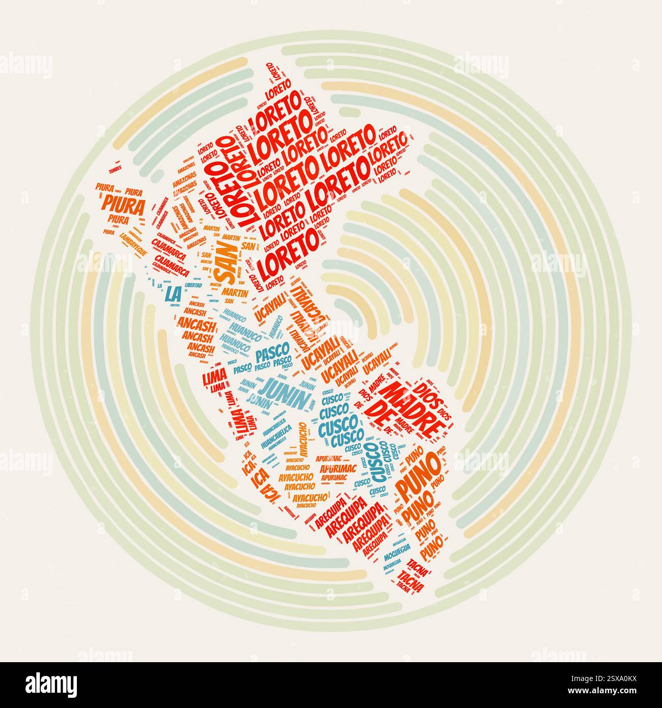 Peru round poster. Typography style image of country. Regions word ...