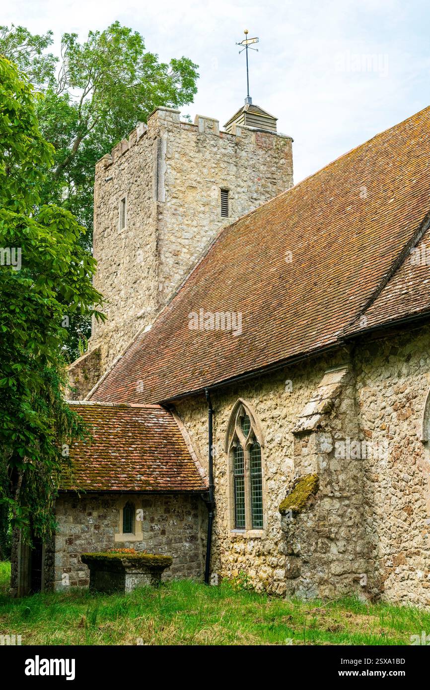 13th century church of St Augustine at Snave, Romney Marsh. The tower ...