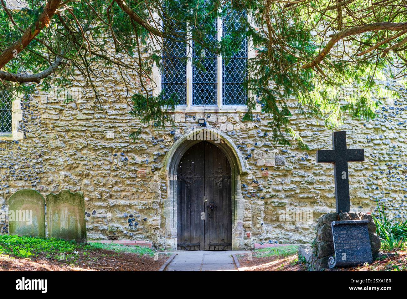 Main door of the 12th century church of St Mary the Virgin at Chislet ...
