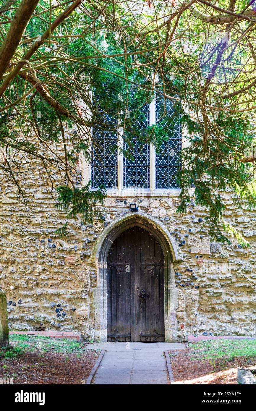 Main door of the 12th century church of St Mary the Virgin at Chislet ...