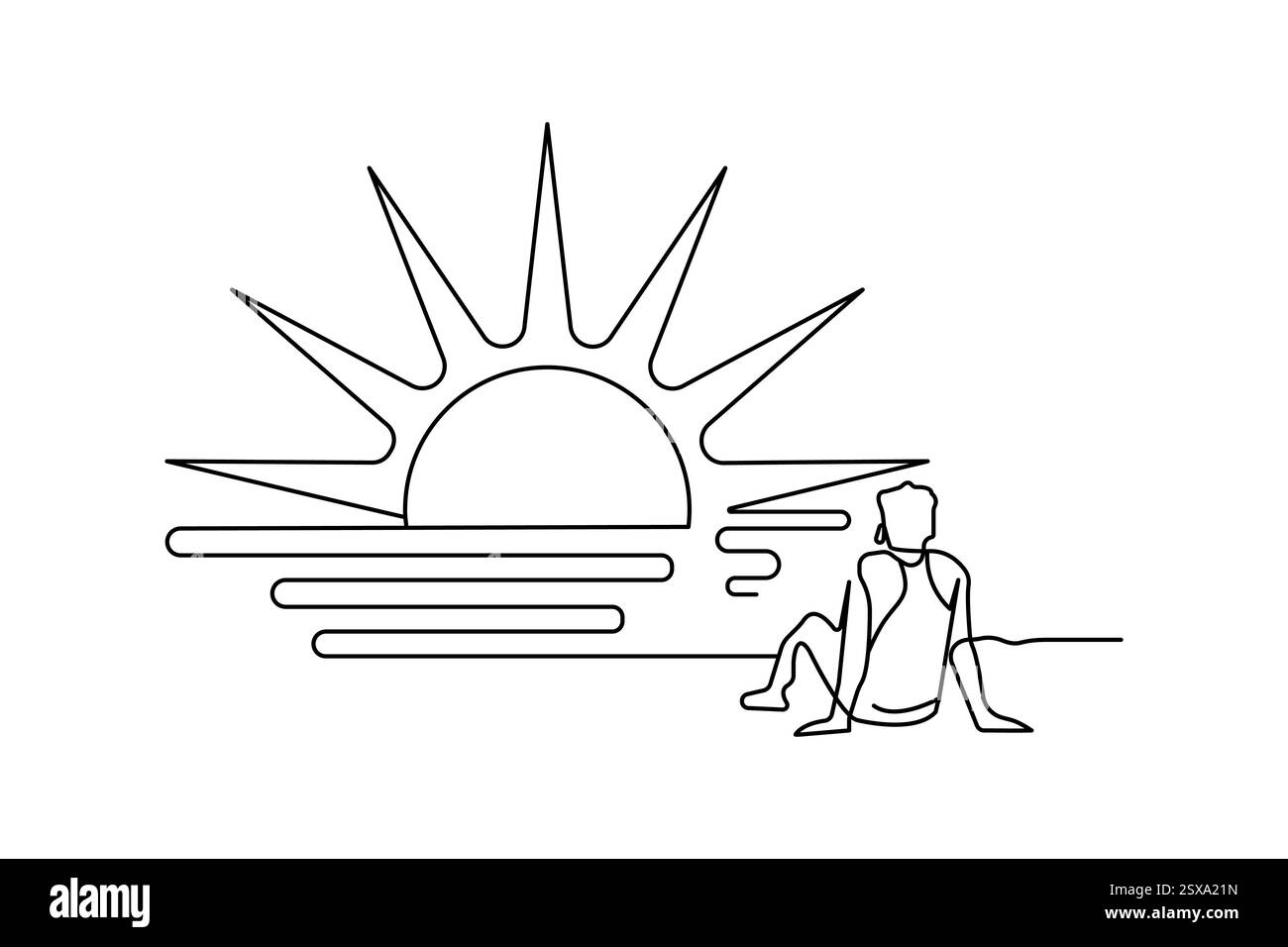Sunset one line drawing of minimalist vector icon with black and white ...