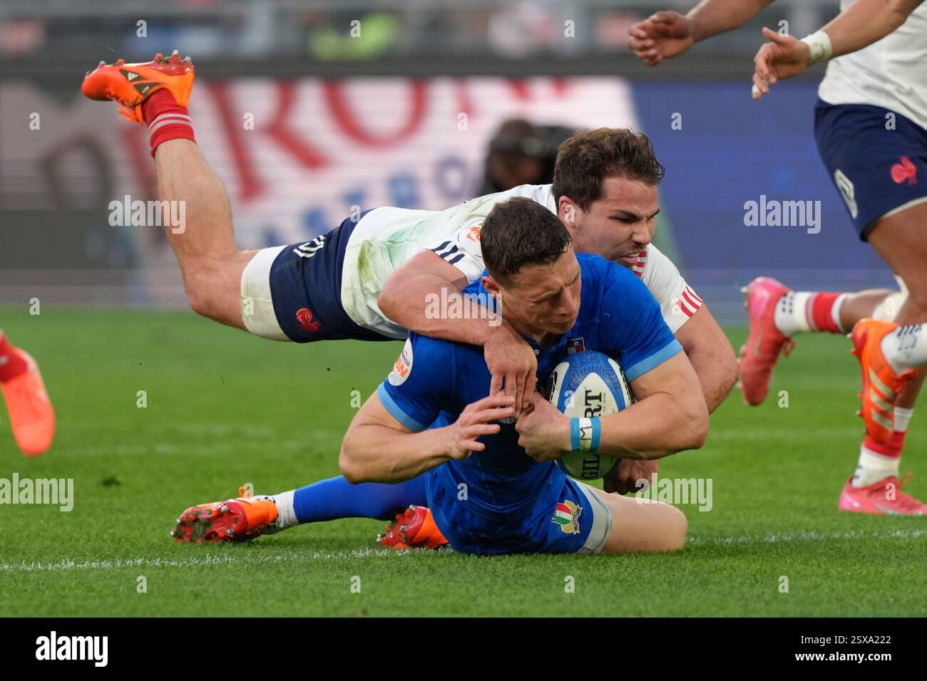 Rome, Italy. 23rd Feb, 2025. Try of Paolo Garbisi of Italy and Antoine ...