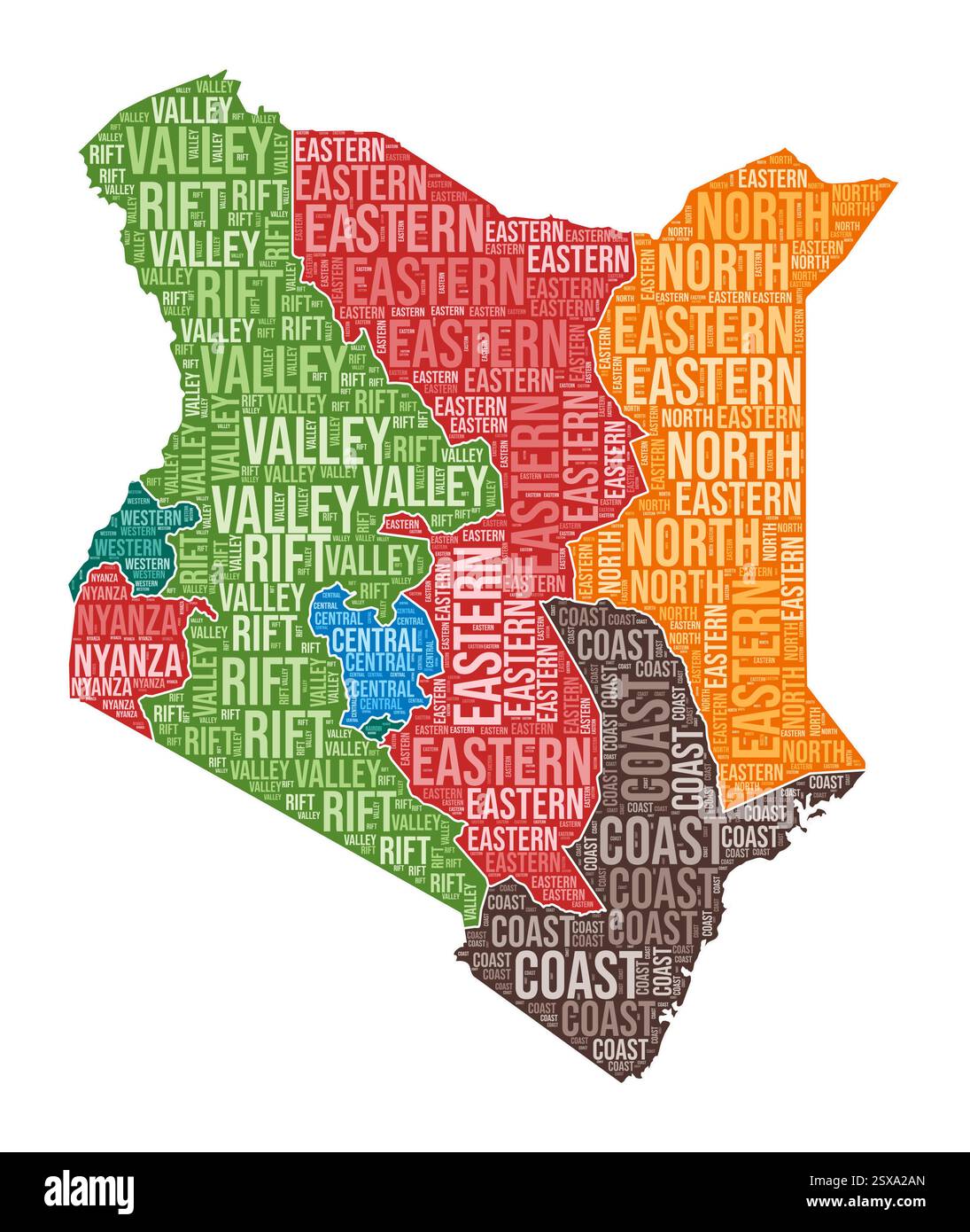 Kenya shape. Country word cloud with region division. Kenya colored ...