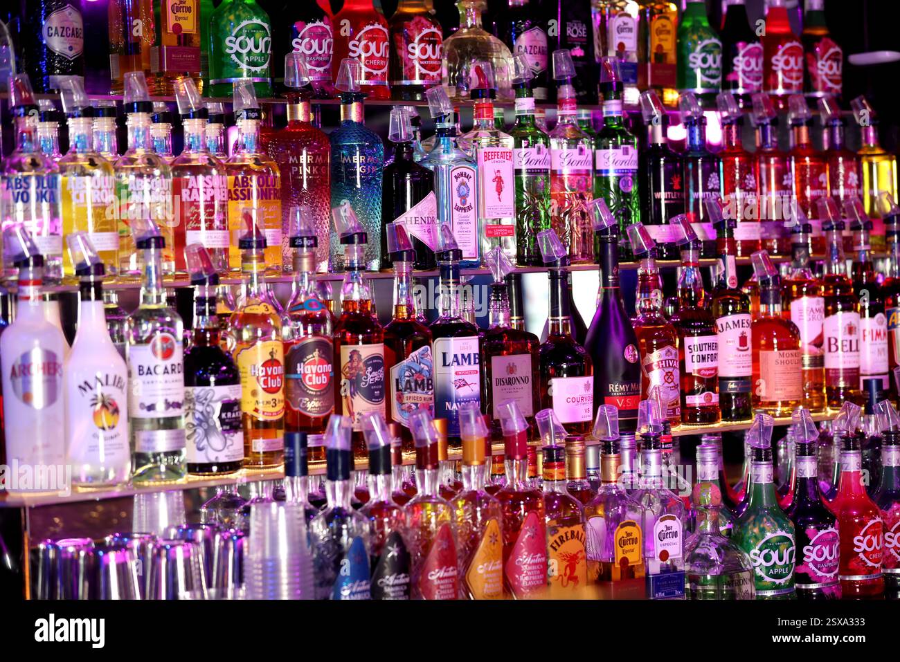 General views of alcoholic drinks and bottles of spirits behind a bar ...