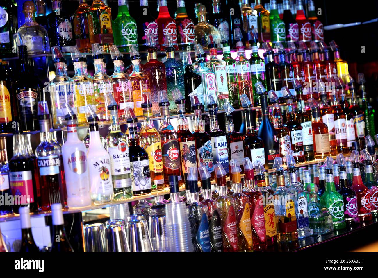 General views of alcoholic drinks and bottles of spirits behind a bar ...
