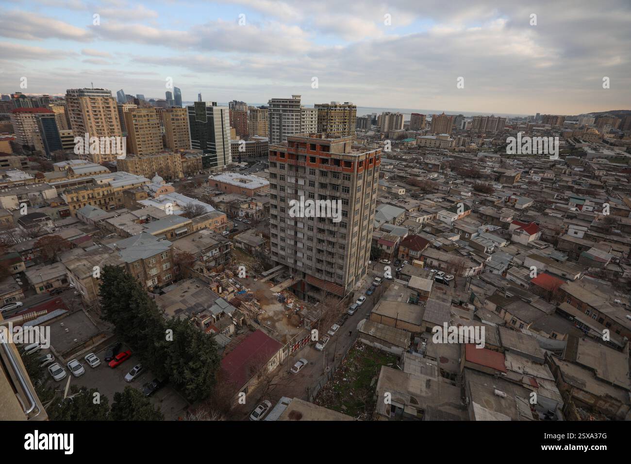 General view of Soviet buildind and modernt building in center of Baku ...