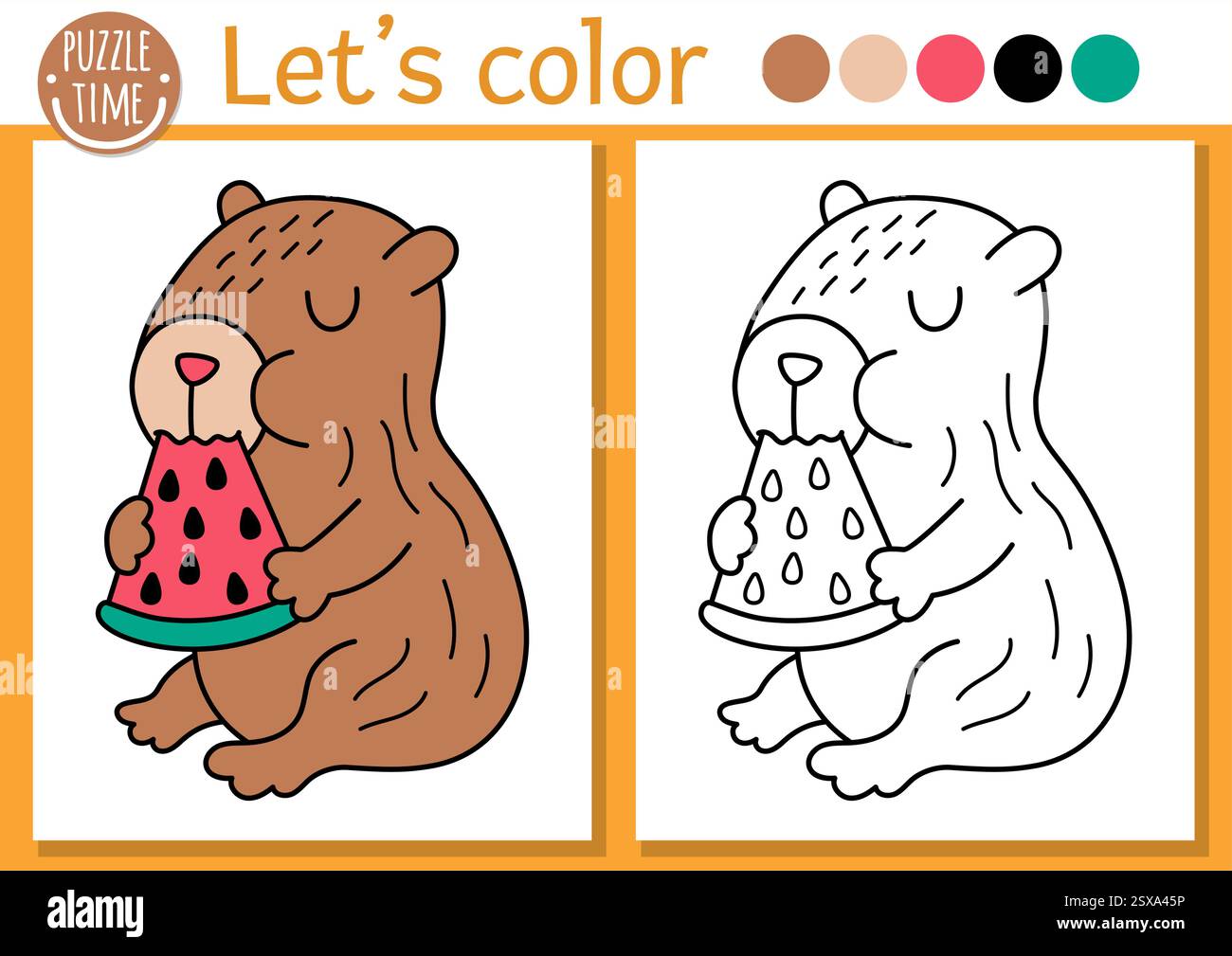 Capybara coloring page for children with cute animal eating watermelon ...