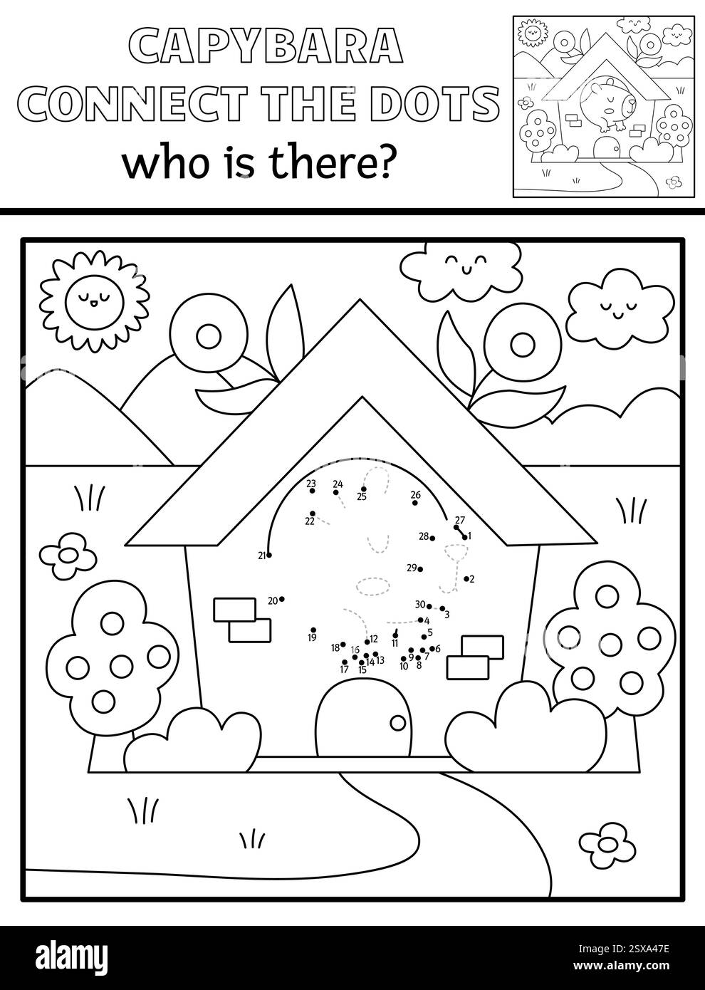 Vector line capybara dot-to-dot and color activity with cute animal ...