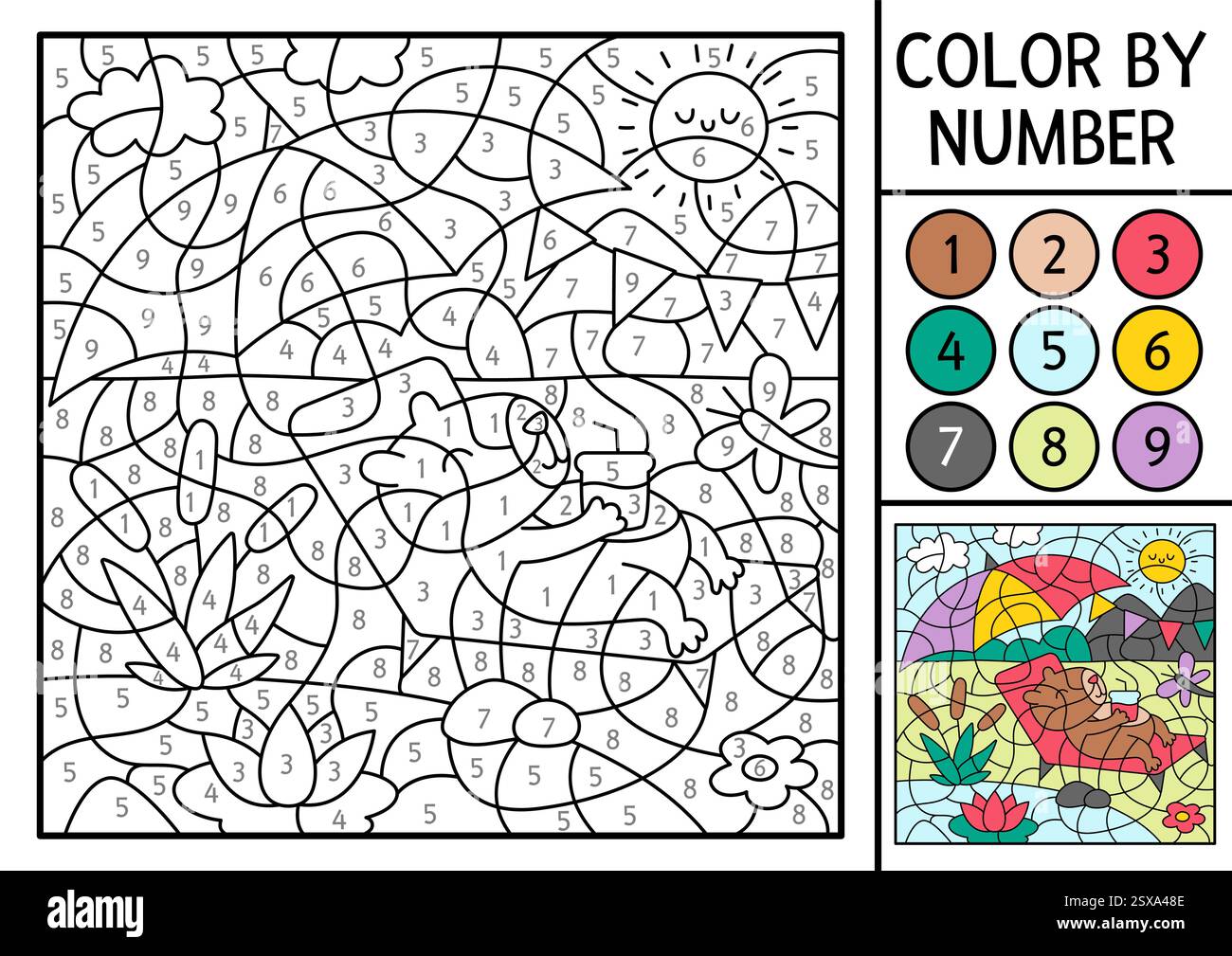 Vector capybara color by number activity with animal sunbathing under ...