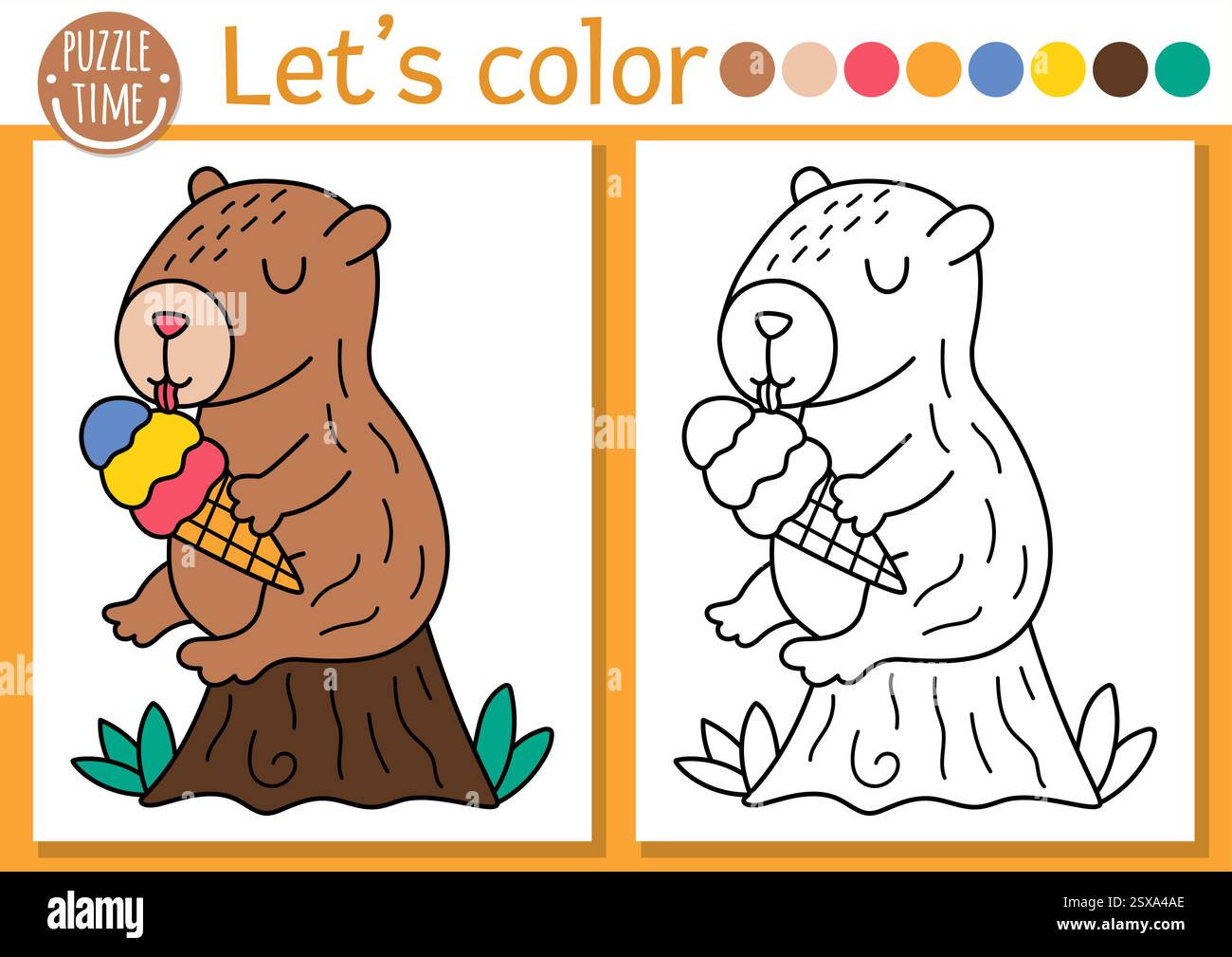 Capybara coloring page for children with cute animal eating ice-cream ...